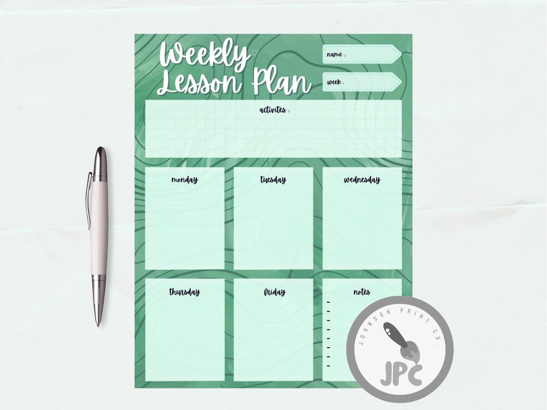 Weekly Lesson Plan Printable Calendar | Letter Sized PDF | Modern Green ...