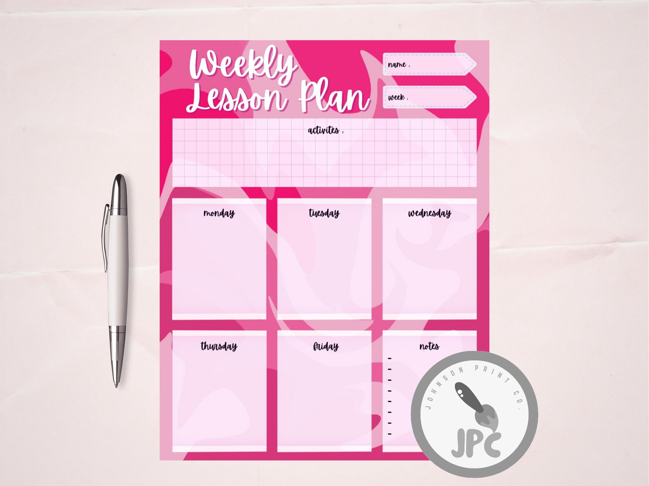 Weekly Lesson Plan Printable Calendar | Letter Sized PDF | Modern Pink ...