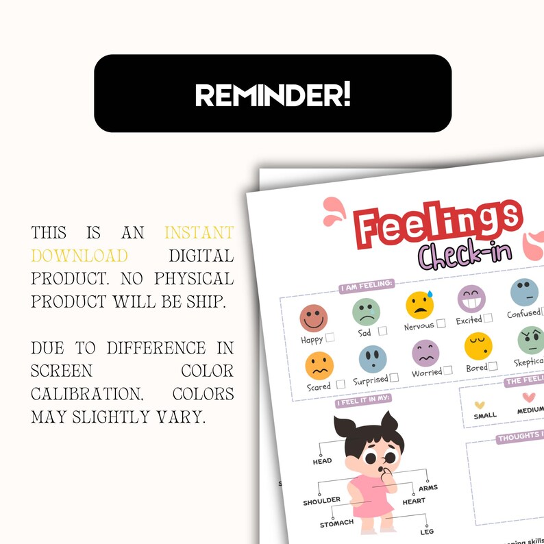 Feelings Check-in Worksheet, for Kids, Coping Skills, Child Therapy ...