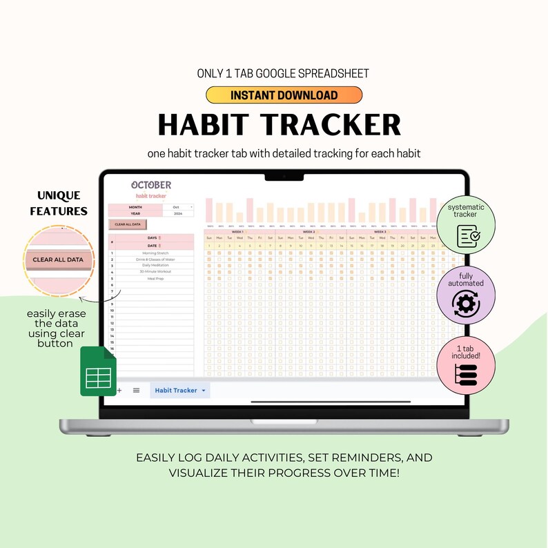 Habit Tracker Spreadsheet for Google Sheets, Daily Habits Planner ...