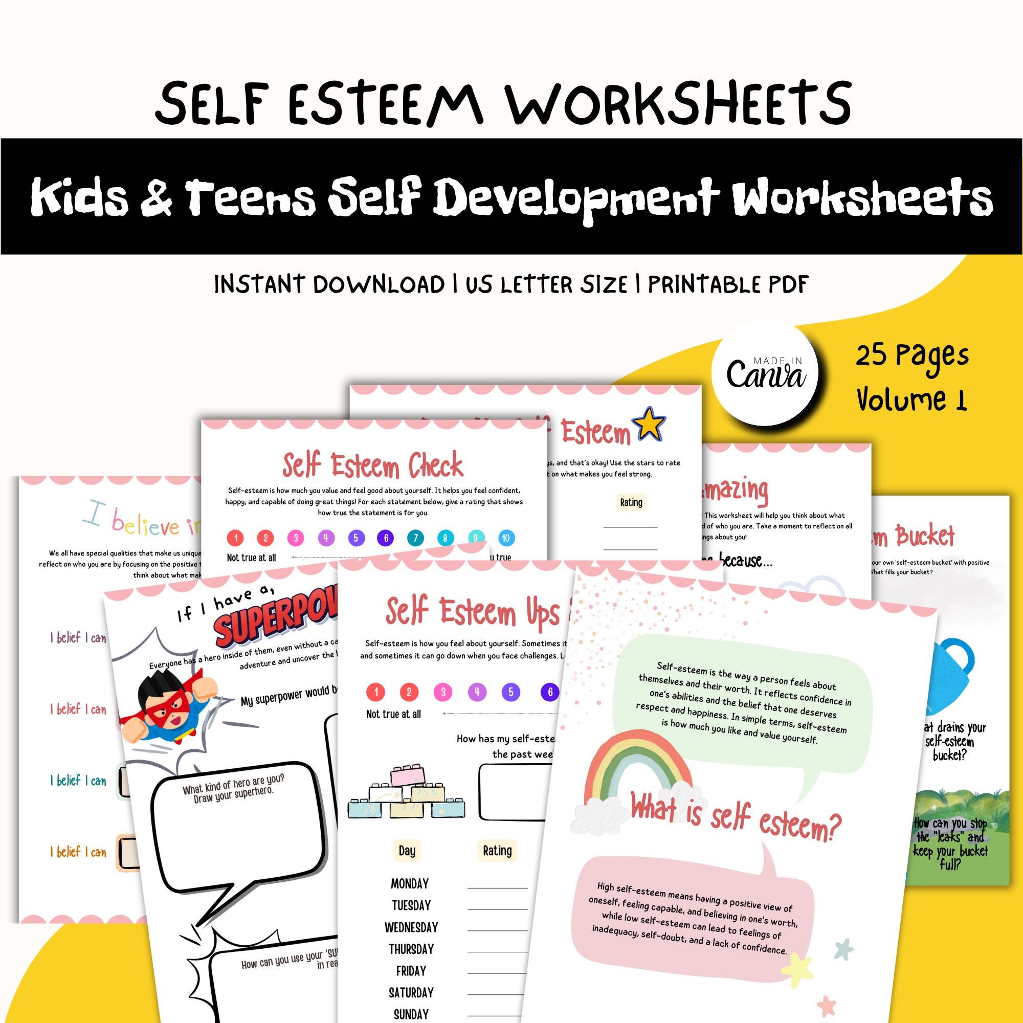 Self Esteem Worksheets for Kids Teens, Self Esteem Worksheets, Therapy ...