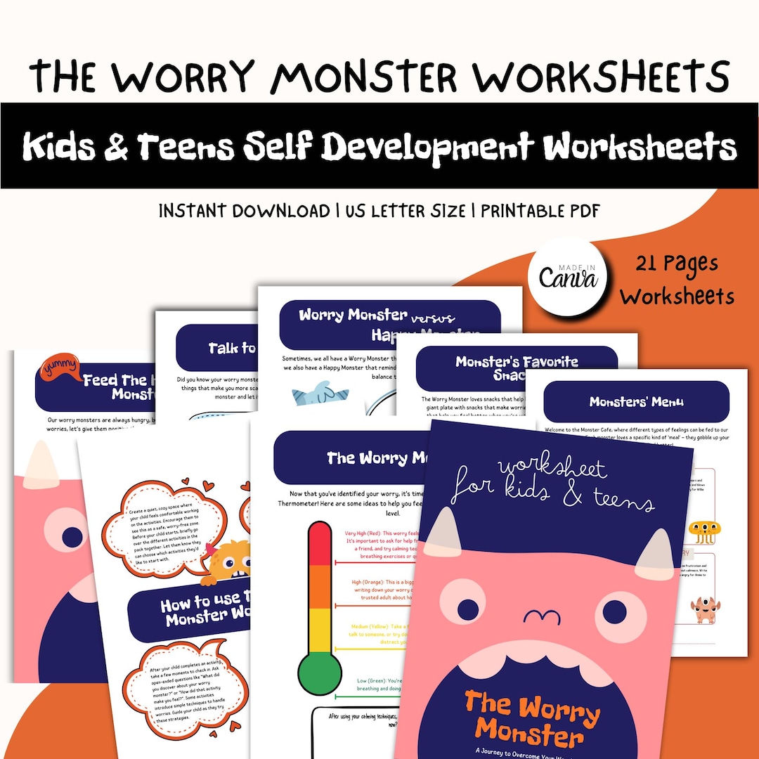Worry Monster Anxiety Worksheets for Kids Teens, CBT, Coping Skills for ...
