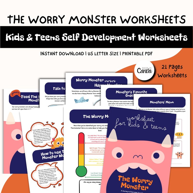 Worry Monster Anxiety Worksheets for Kids Teens, CBT, Coping Skills for ...