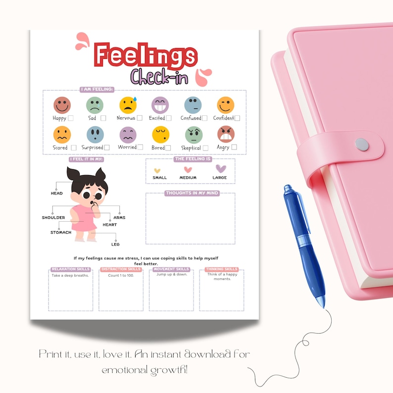Feelings Check-in Worksheet, for Kids, Coping Skills, Child Therapy ...