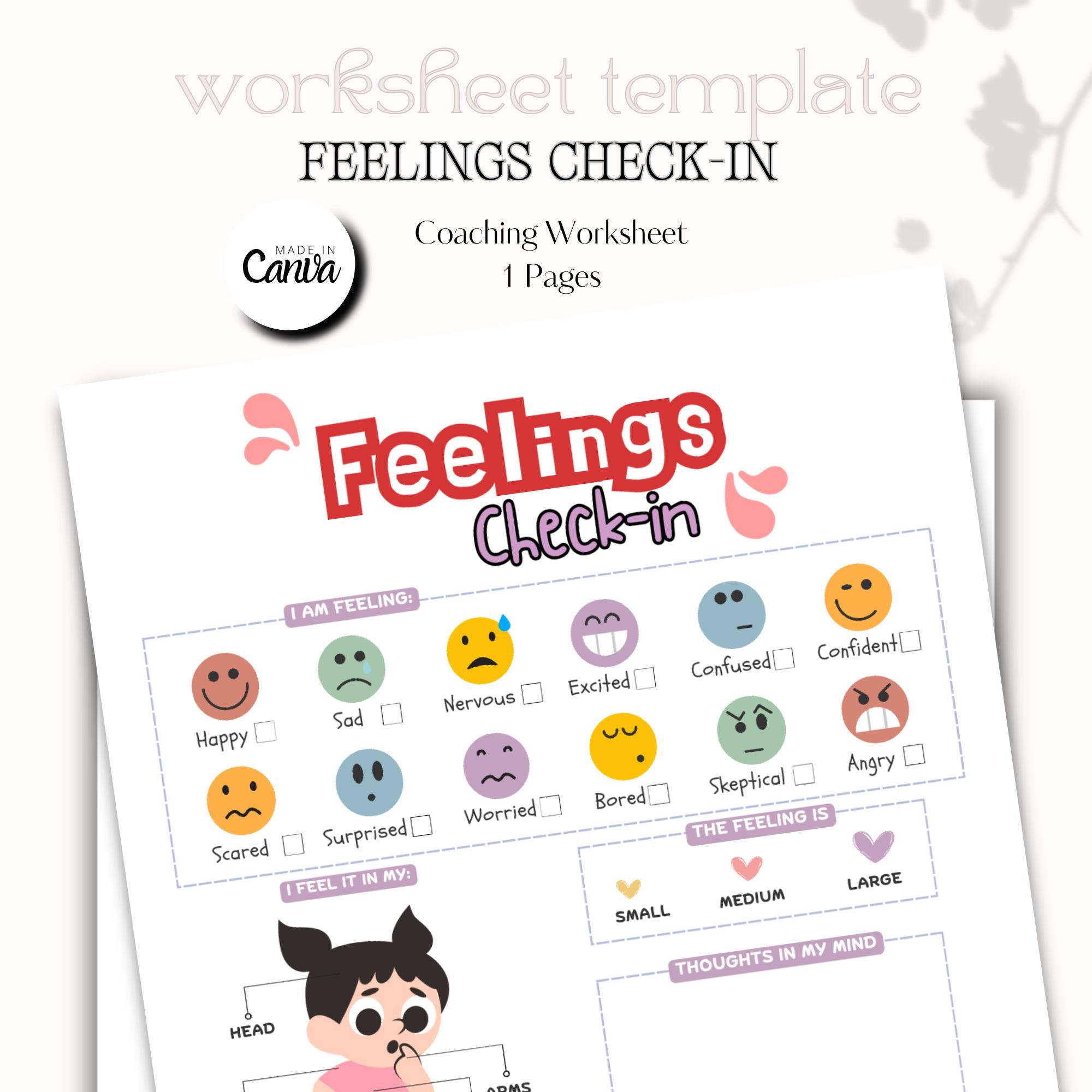 Feelings Check-in Worksheet, for Kids, Coping Skills, Child Therapy ...