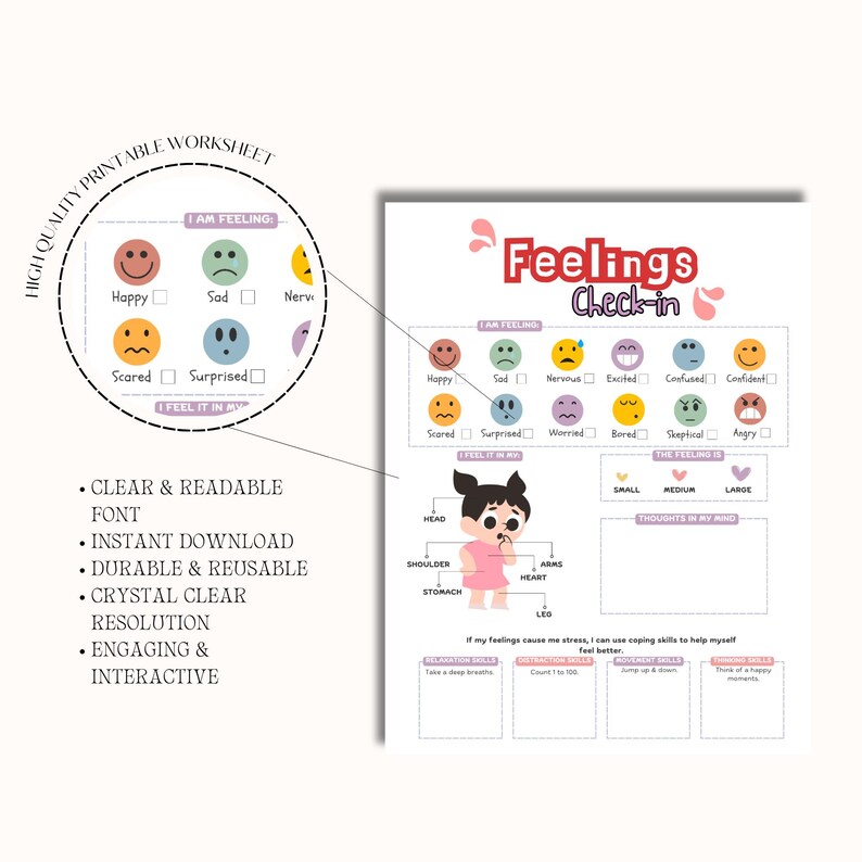 Feelings Check-in Worksheet, for Kids, Coping Skills, Child Therapy ...