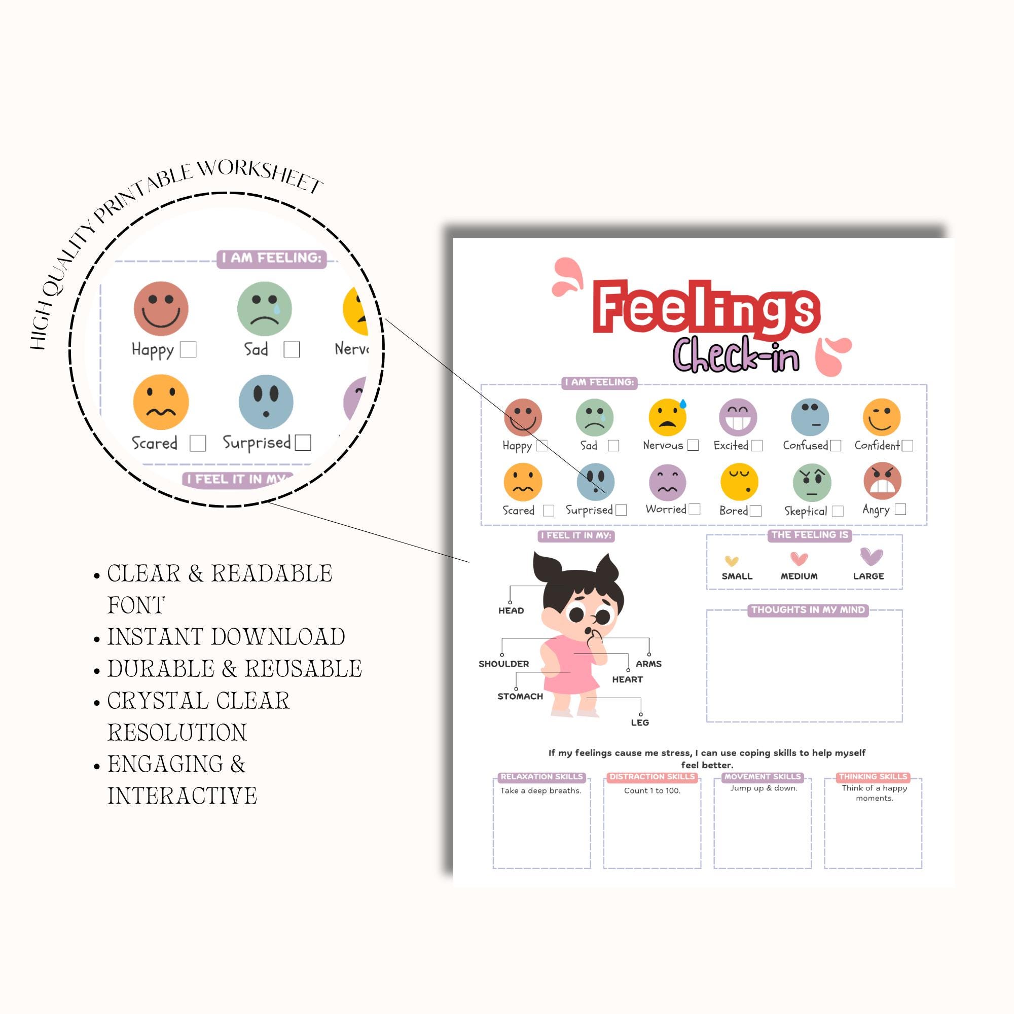 Feelings Check-in Worksheet, for Kids, Coping Skills, Child Therapy ...