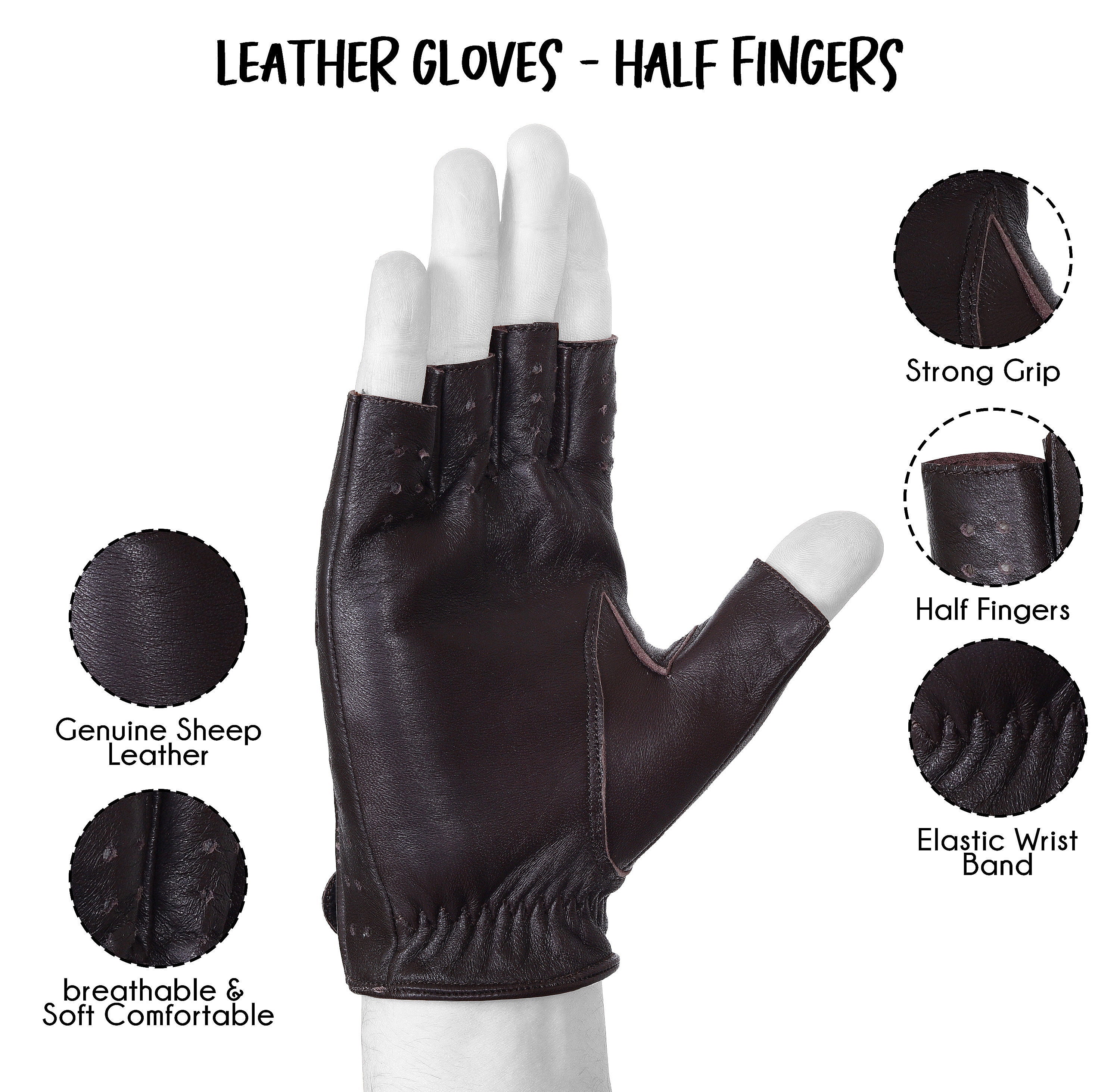 WASPRO Dark Brown Half Finger Leather Gloves leather Driving Gloves Lambskin Leather Gloves Fashion Leather Gloves Etsy UK