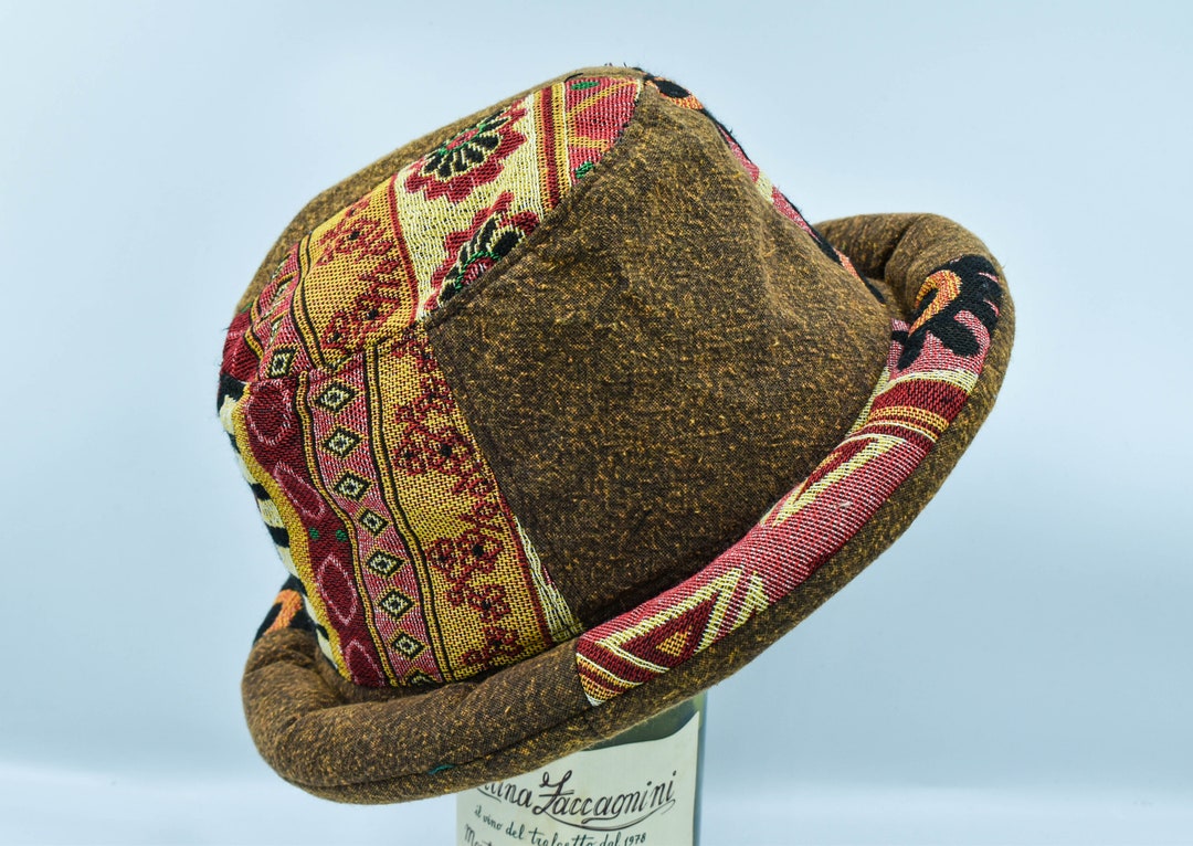 Bucket Hat, Festival Hat, Tribal Fabric, Brown and Beige Roll Brim Hat ...