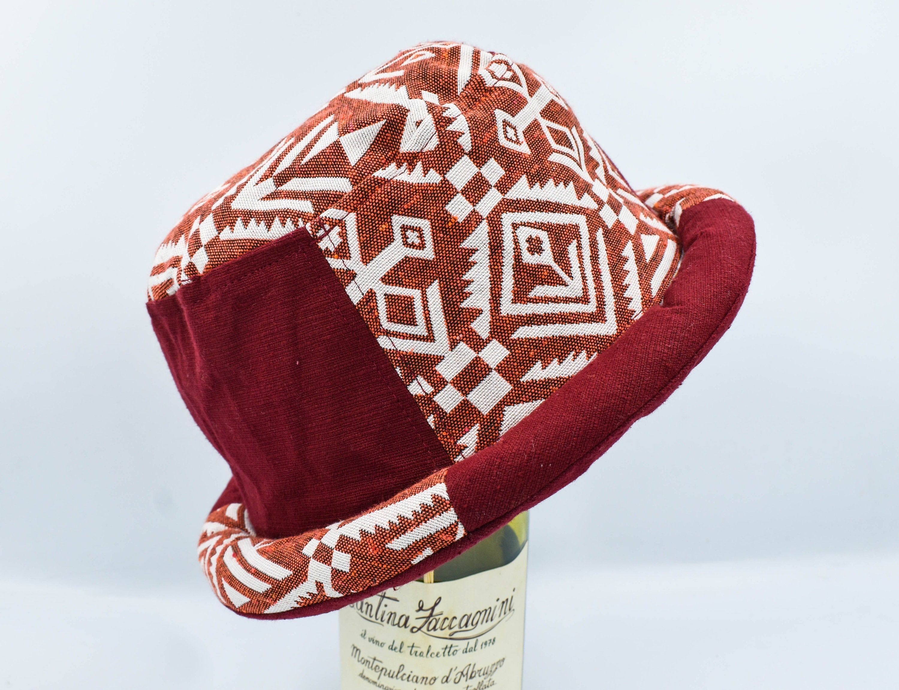 Roll Brim Hat With Aztec Patterns Red/brown With - Etsy