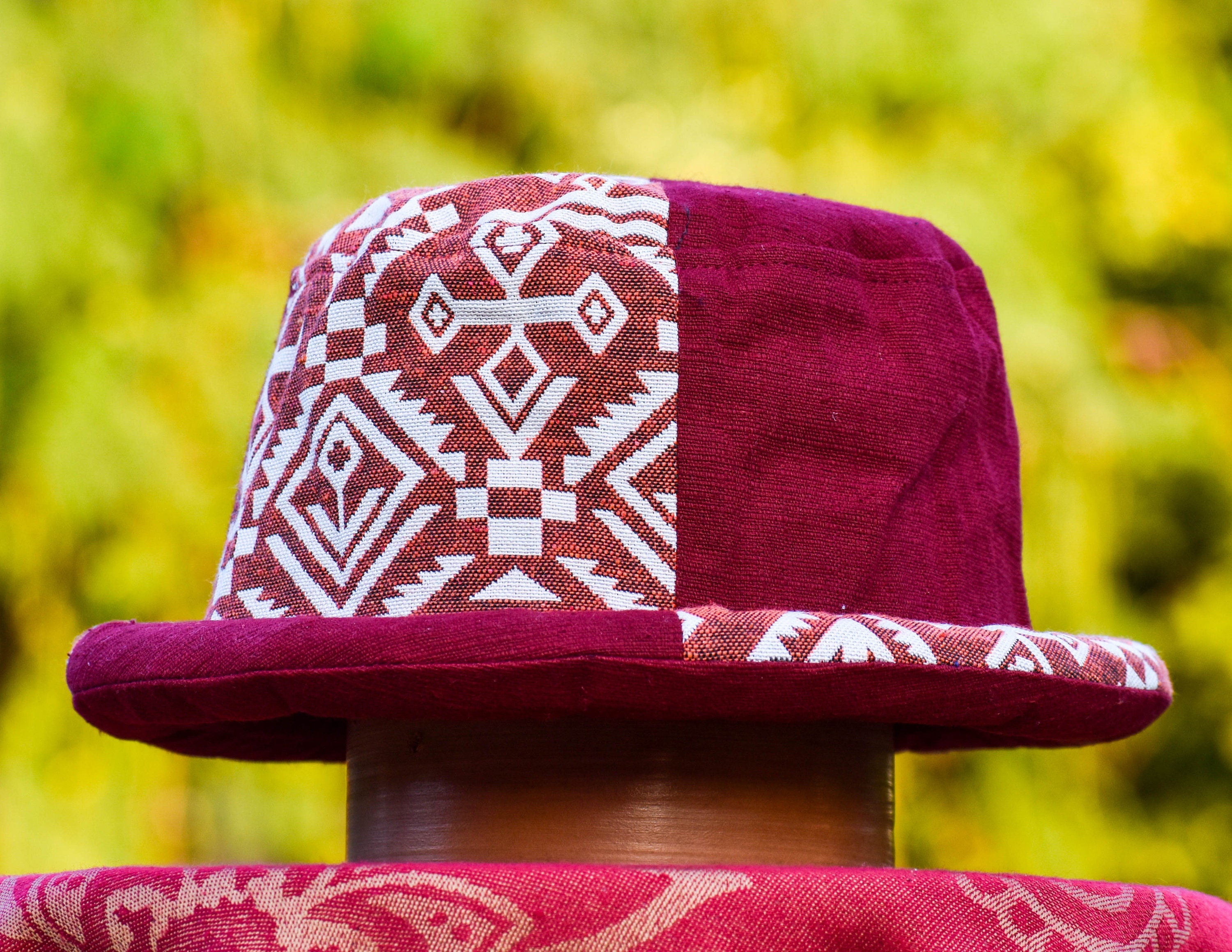 Roll Brim Hat With Aztec Patterns Red/brown With - Etsy