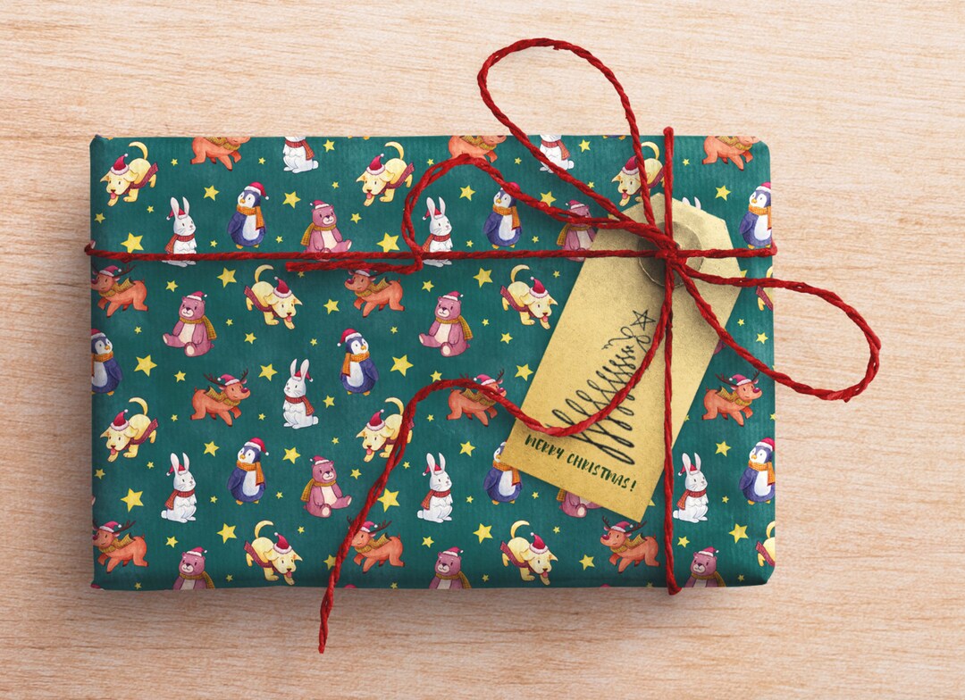 Christmas Santa Animals Wrapping Paper, Cute Animals Gift-wrap ...