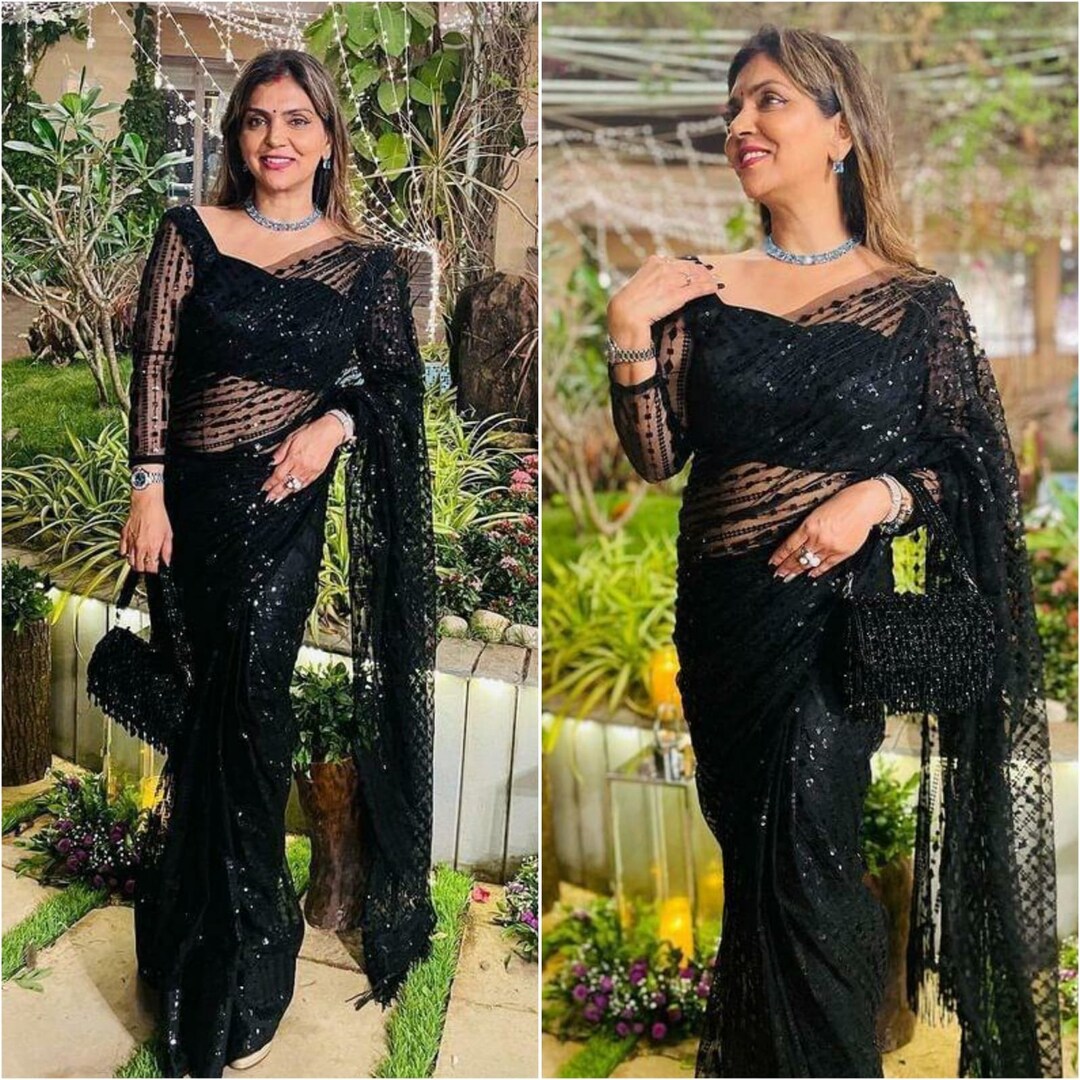 Designer Mono Net Fabric With Beautiful Embroidery Thread & 5mm Sequin ...