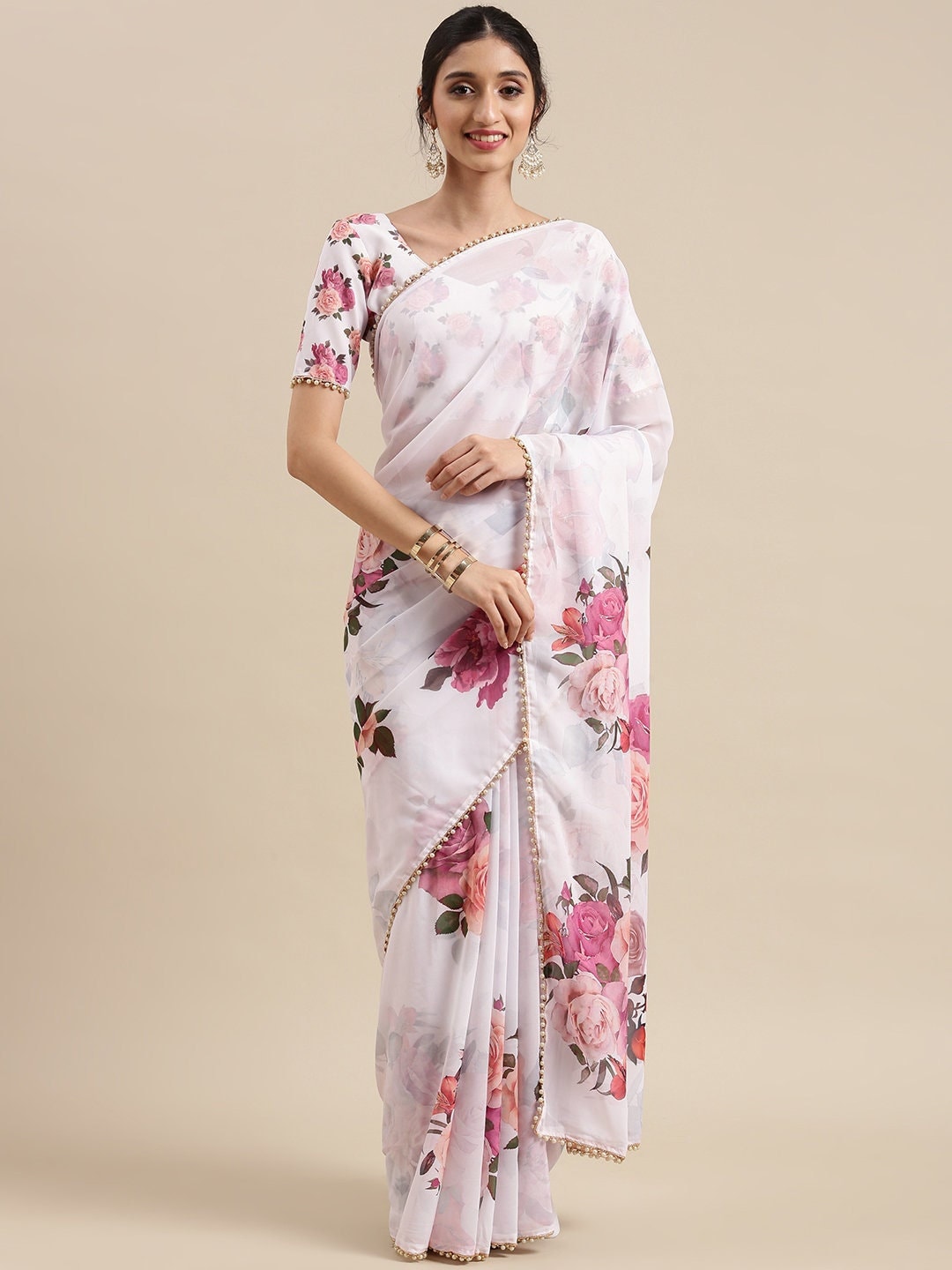 Handmade Saree Floral Saree White Georgette Saree Printed Saree With ...