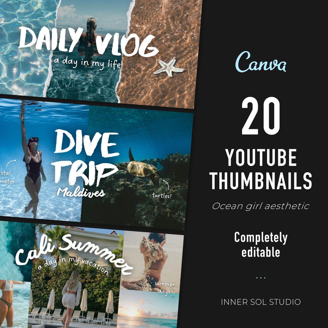 Ocean Girl Youtube Thumbnails | 20 Editable Canva Templates | Blue ...