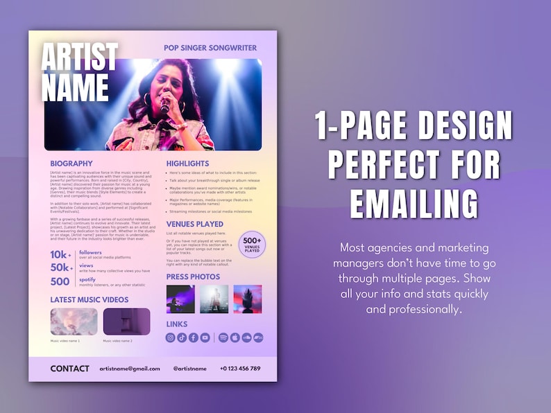 Electronic Press Kit Bundle | 1-page EPK for Musicians, Rappers, Singer Songwriters, Producers ...