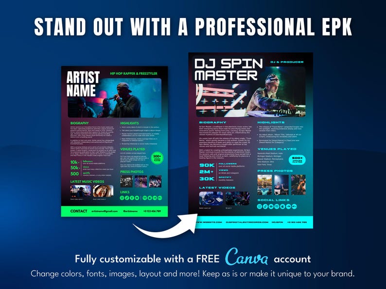 Electronic Press Kit Bundle | 1-page EPK for Musicians, Rappers, Singer ...