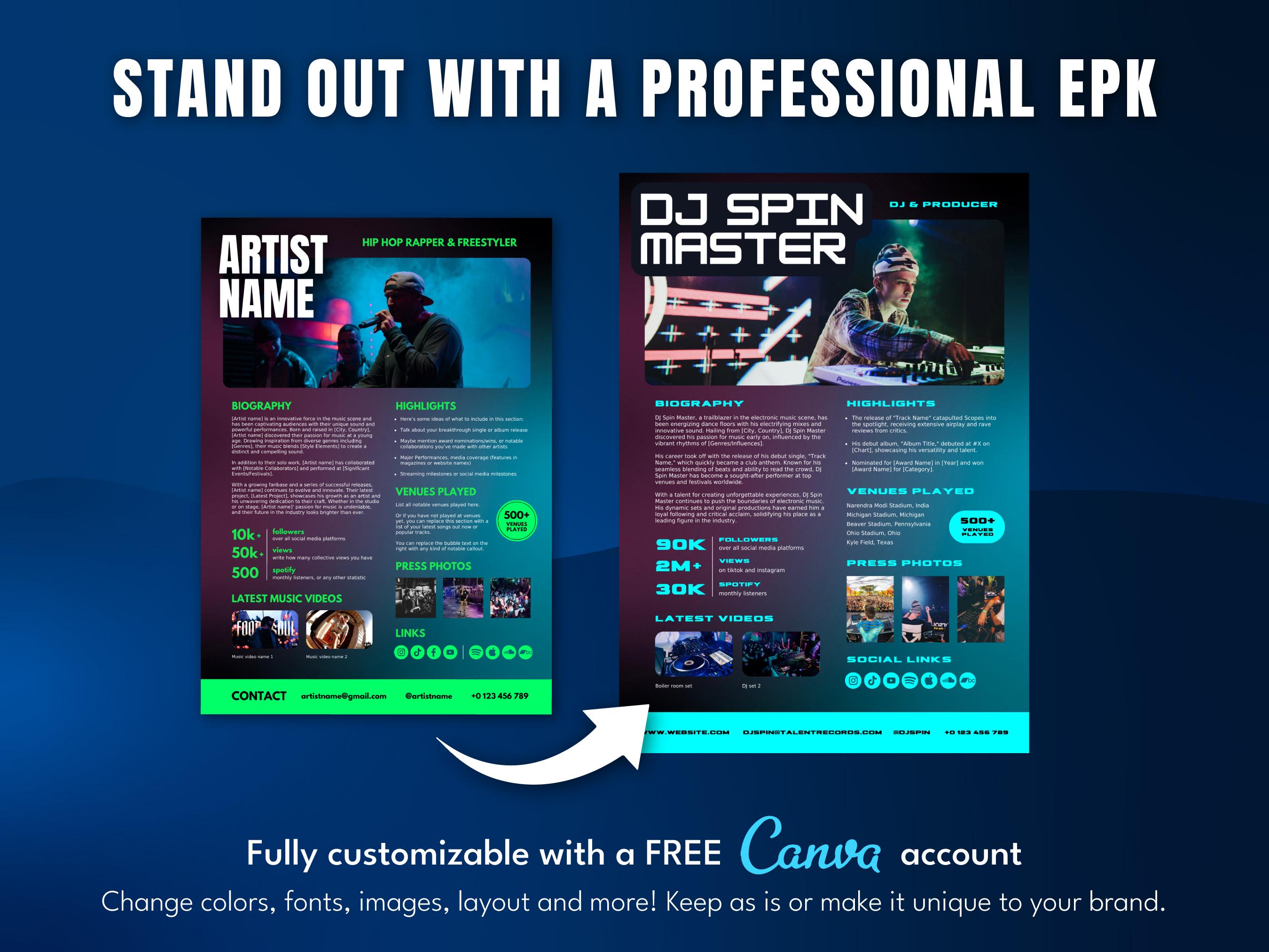 Electronic Press Kit Bundle | 1-page EPK for Musicians, Rappers, Singer Songwriters, Producers ...