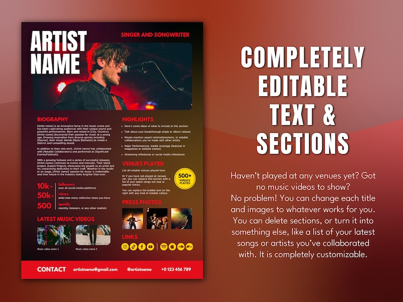 Electronic Press Kit Bundle | 1-page EPK for Musicians, Rappers, Singer ...