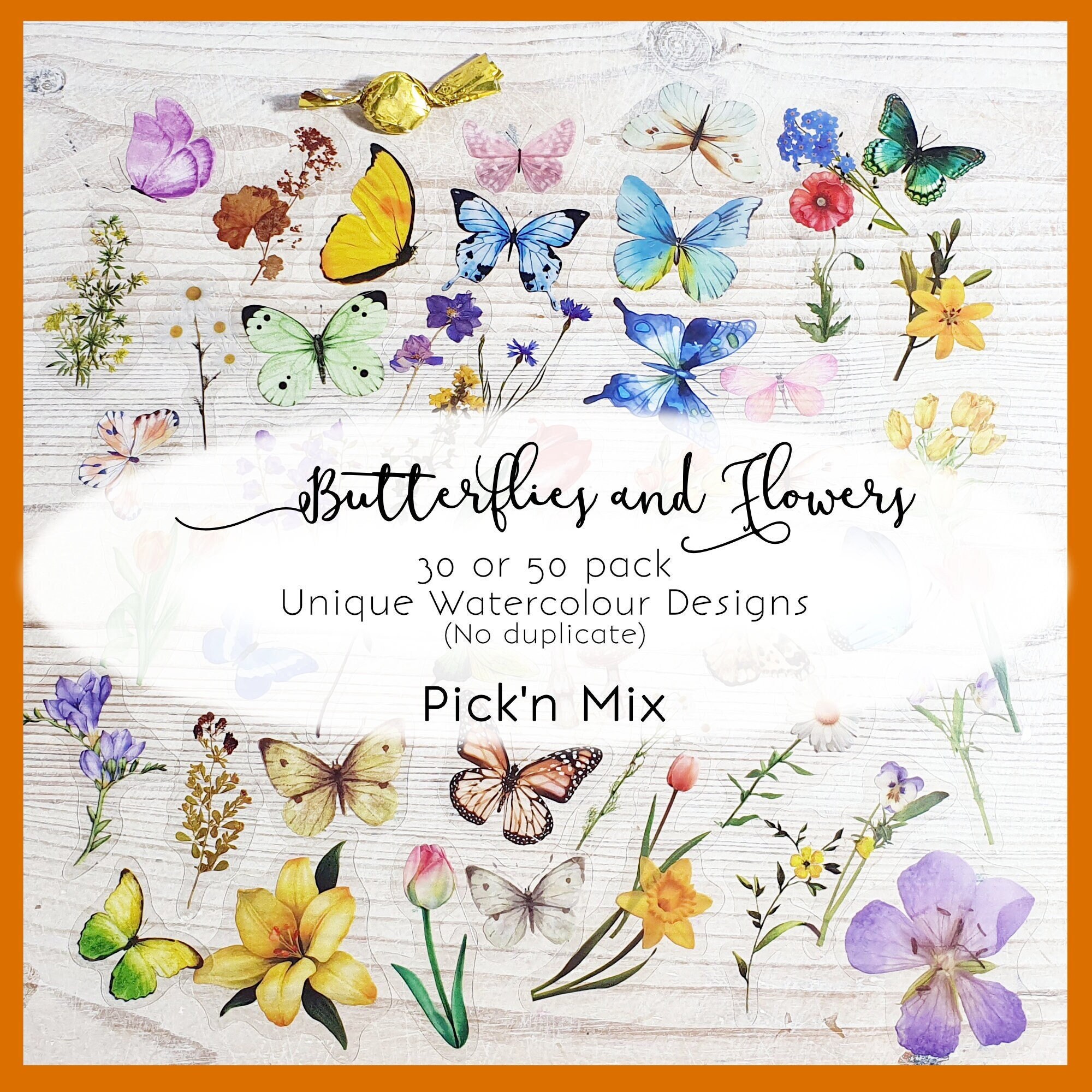 Flower, Butterfly Stickers, Watercolor, Thin Vinyl, 30/50 Unique ...