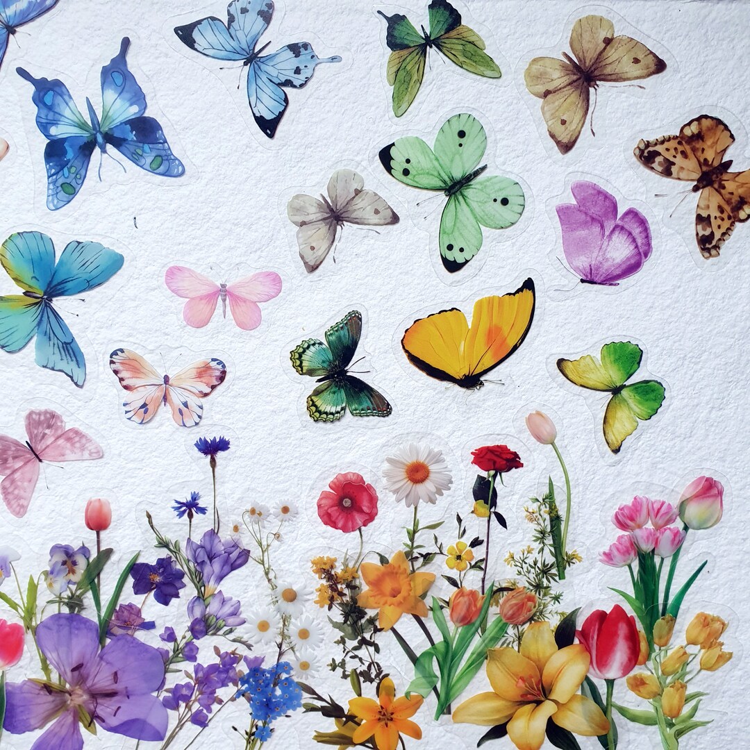 Flower and Butterfly Sticker Pack, Set of 50 Transparent Realistic Wild ...