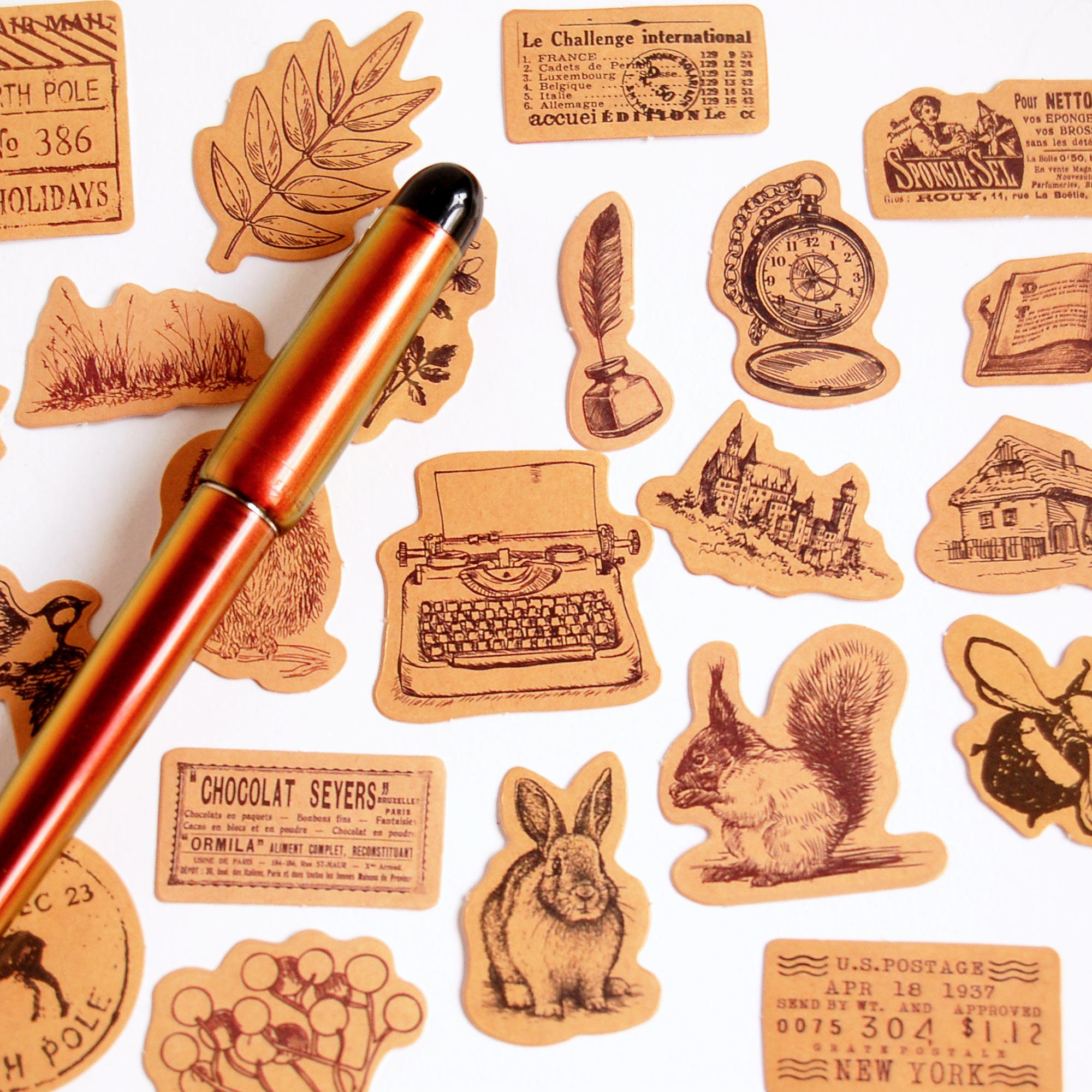Stickers, Vintage Style Ephemera, Retro Designs: Animal, Stamp, Floral ...