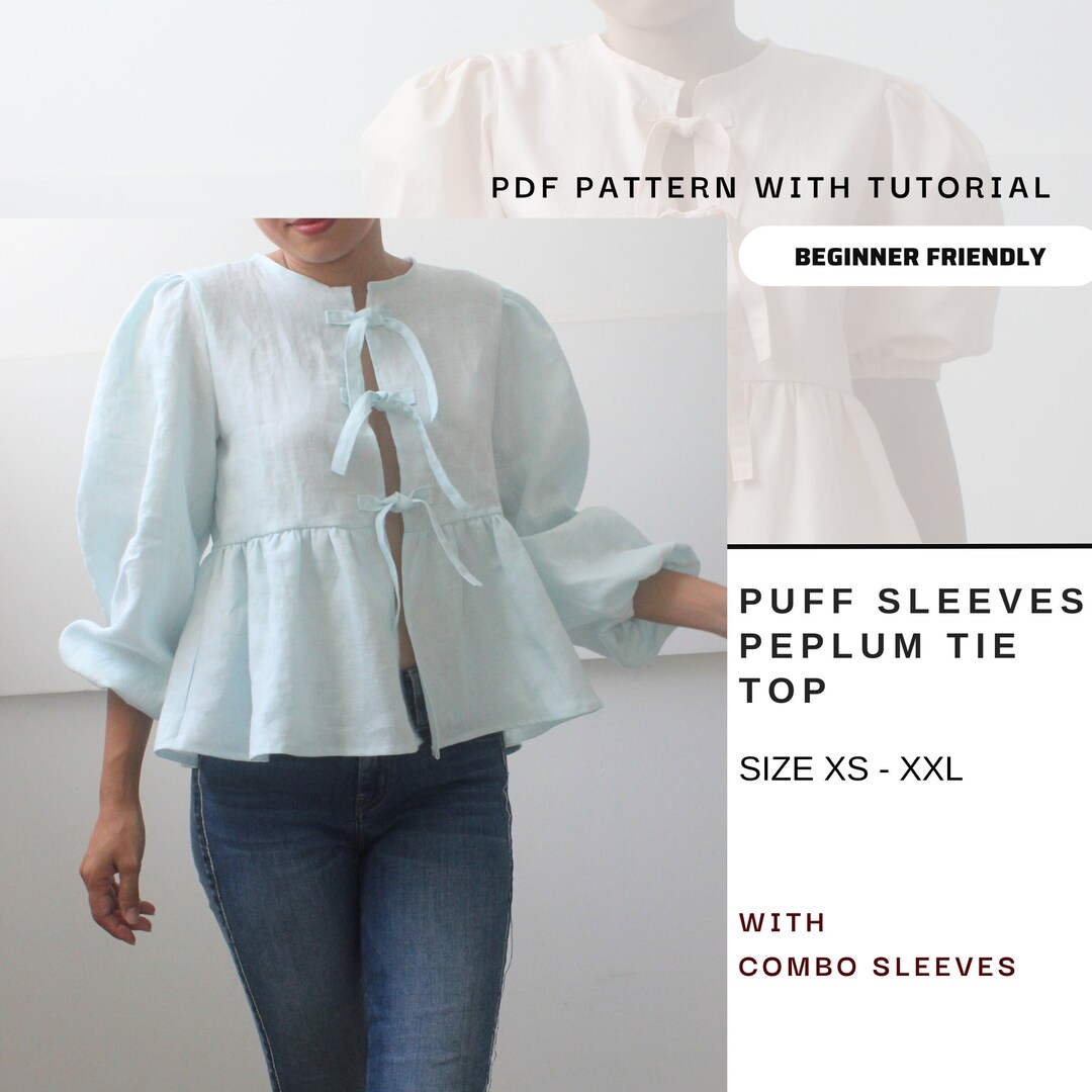 Puff Sleeves Peplum Tie Top, Ganni Top Inspired Sewing Pattern, Front ...