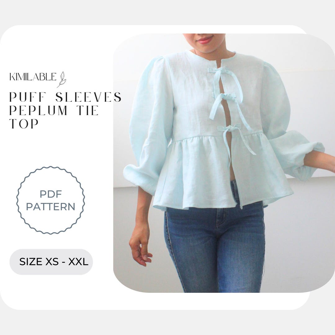 Puff Sleeves Peplum Tie Top, Ganni Top Inspired Sewing Pattern, Front ...