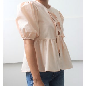 Puff Sleeves Peplum Tie Top, Ganni Top Inspired Sewing Pattern, Front ...