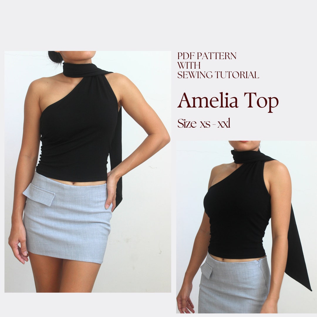 Amelia Top, Scarf Halter Top Sewing Pattern, One Shoulder Scarf Top PDF ...