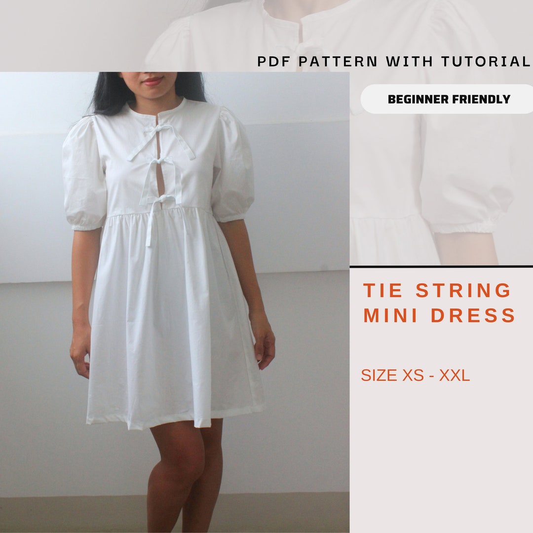 Tie String Mini Dress, Puff Sleeves Dress Sewing Pattern, Easy Sewing Pattern PDF - Etsy