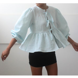 Puff Sleeves Peplum Tie Top, Ganni Top Inspired Sewing Pattern, Front ...