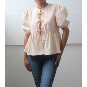 Puff Sleeves Peplum Tie Top, Ganni Top Inspired Sewing Pattern, Front ...