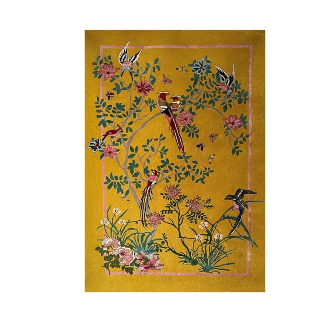 Tufted Trees Bird Yellow Rug Hand Tufted Rug Tufted Wool Rug Hand Tuft ...