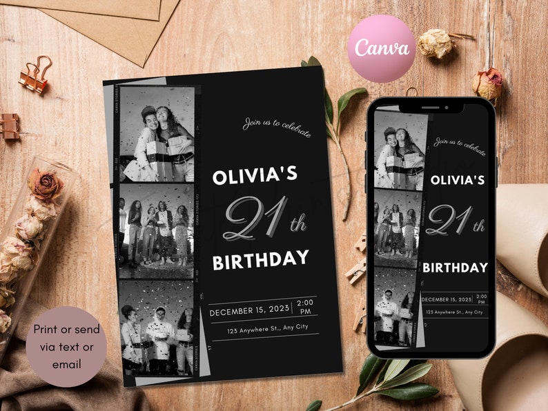21st Birthday Invitation With Photo, Instant Download, Elegant 21st ...