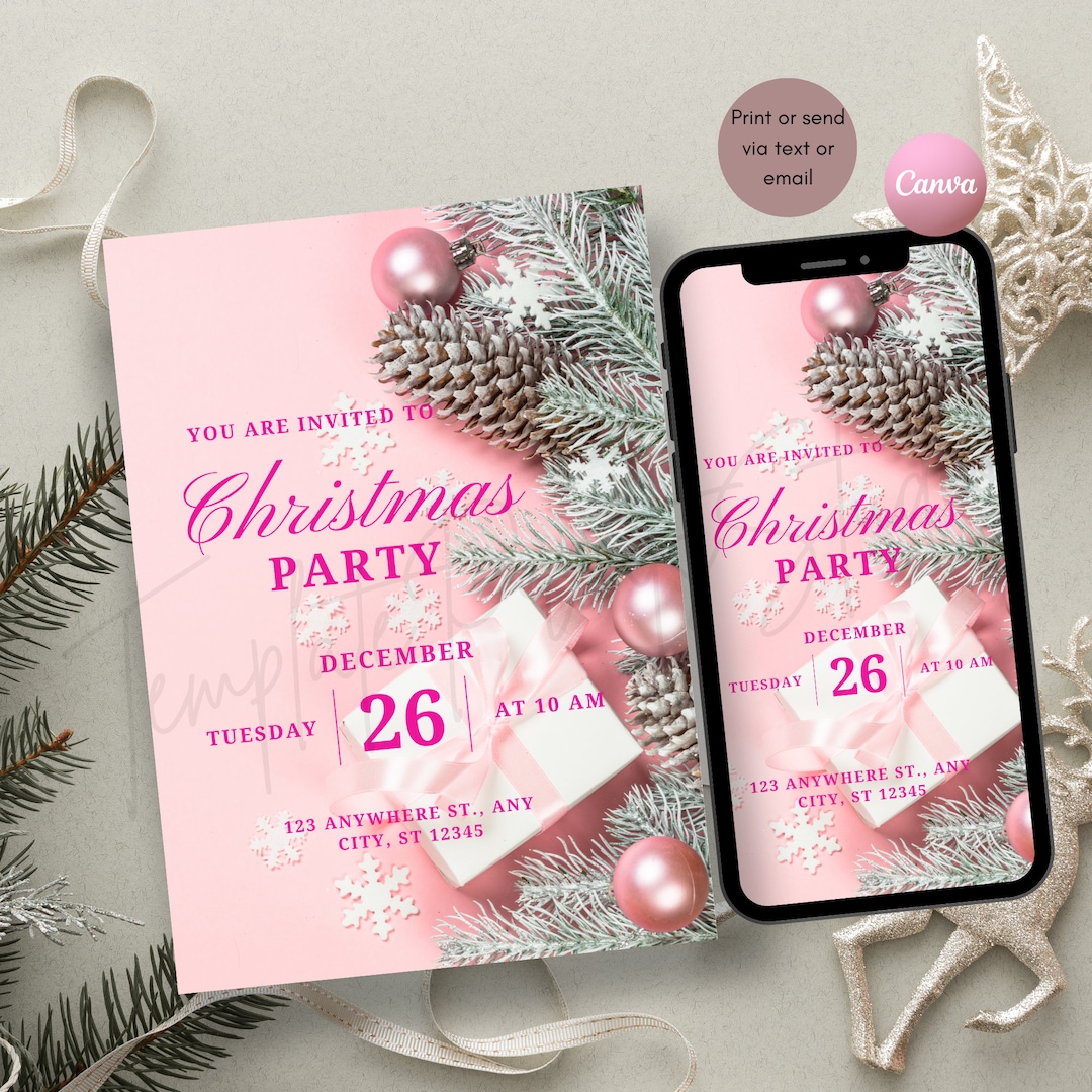 Pink Christmas Party Invitation, Christmas Lunch Invite, Christmas ...