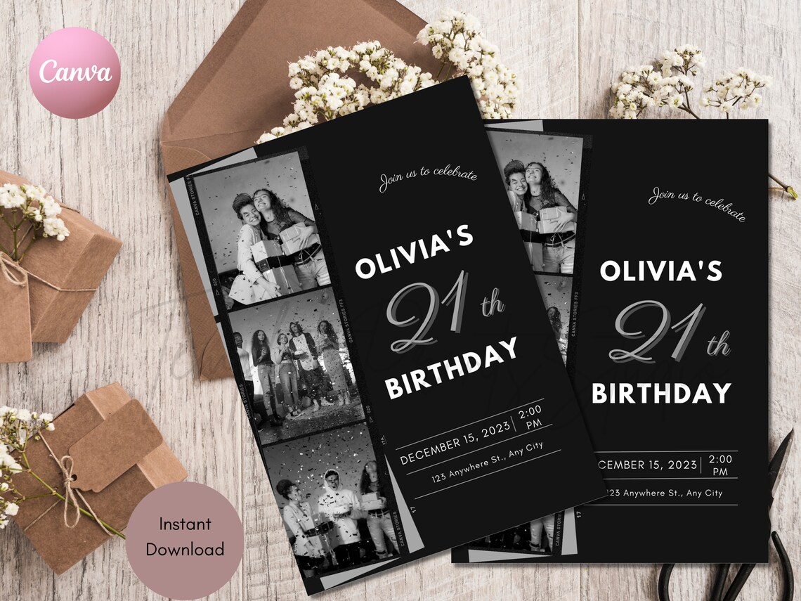 21st Birthday Invitation With Photo, Instant Download, Elegant 21st ...