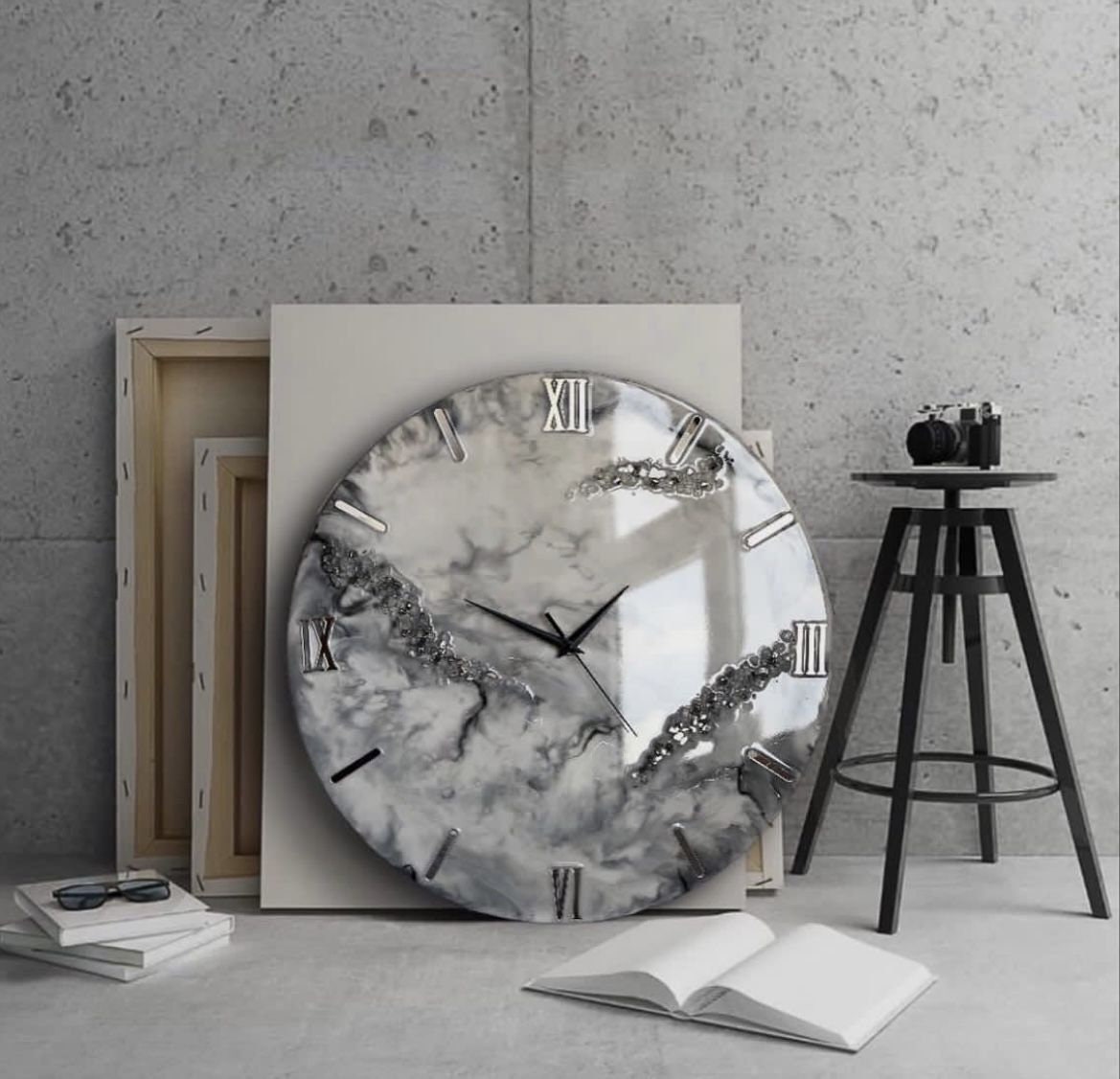 Greyandwhiteabstractepoxyresinwallclockforhomedecor - Etsy