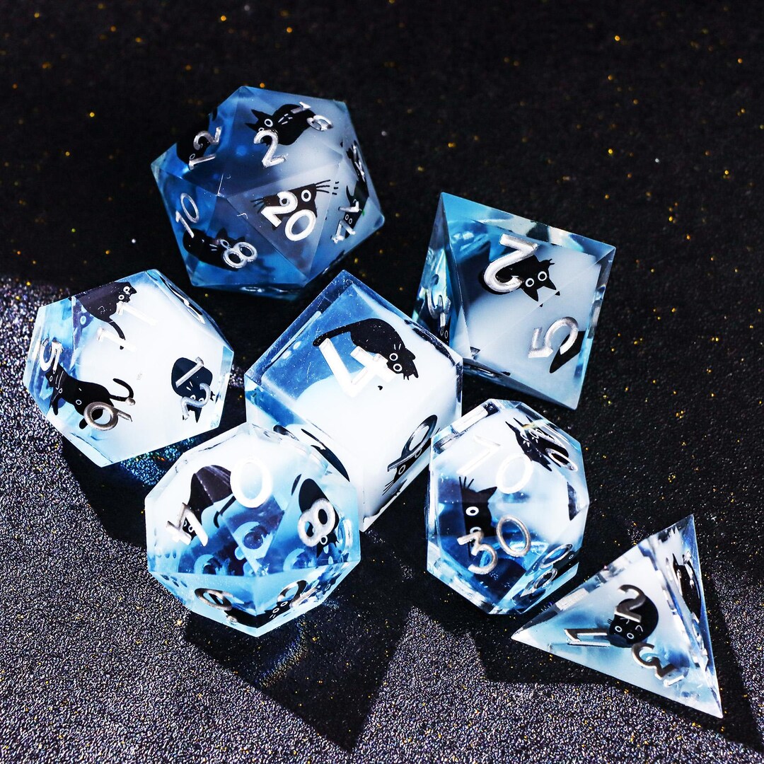 Blue White Cute Cat Dnd Dice Set With Nice Balance, Full Dungeons and ...