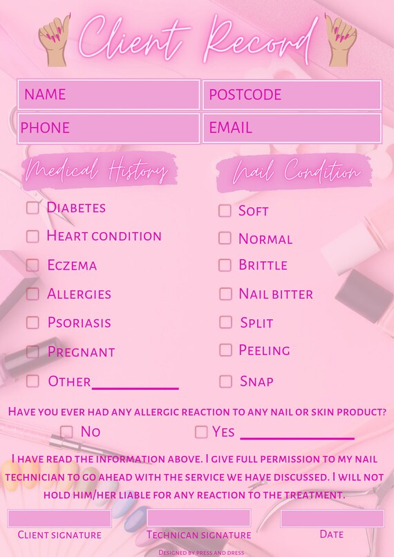 Client Record Card / Printable / Digital / Nail Salon / Pink / - Etsy