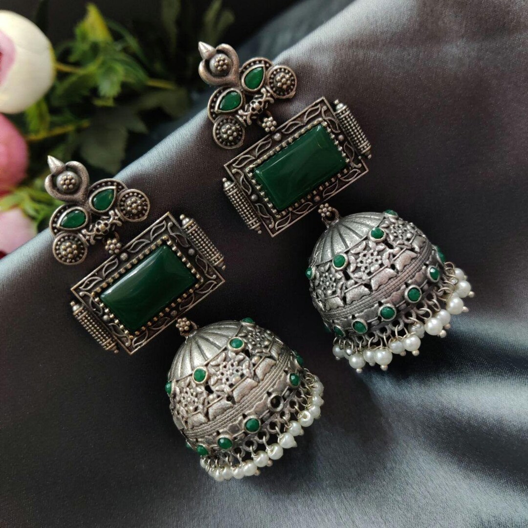 Yachika Collections Silver Replica Oxidised Jambo Jhumka With Monalisa ...