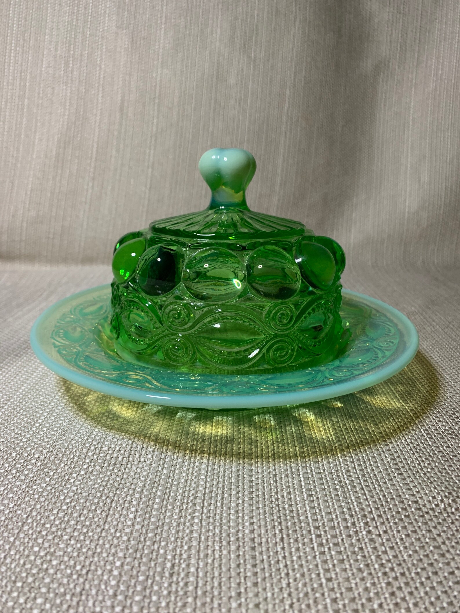 Mosser Eye Winker Vaseline Opalescent Glass Butter Dish. - Etsy