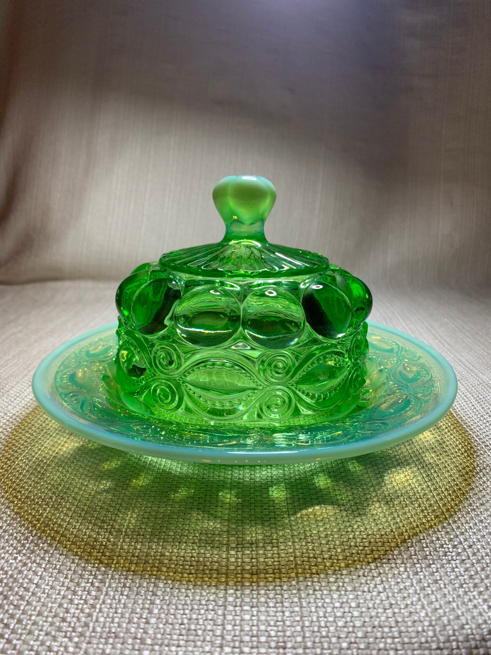 Mosser Eye Winker Vaseline Opalescent Glass Butter Dish. - Etsy
