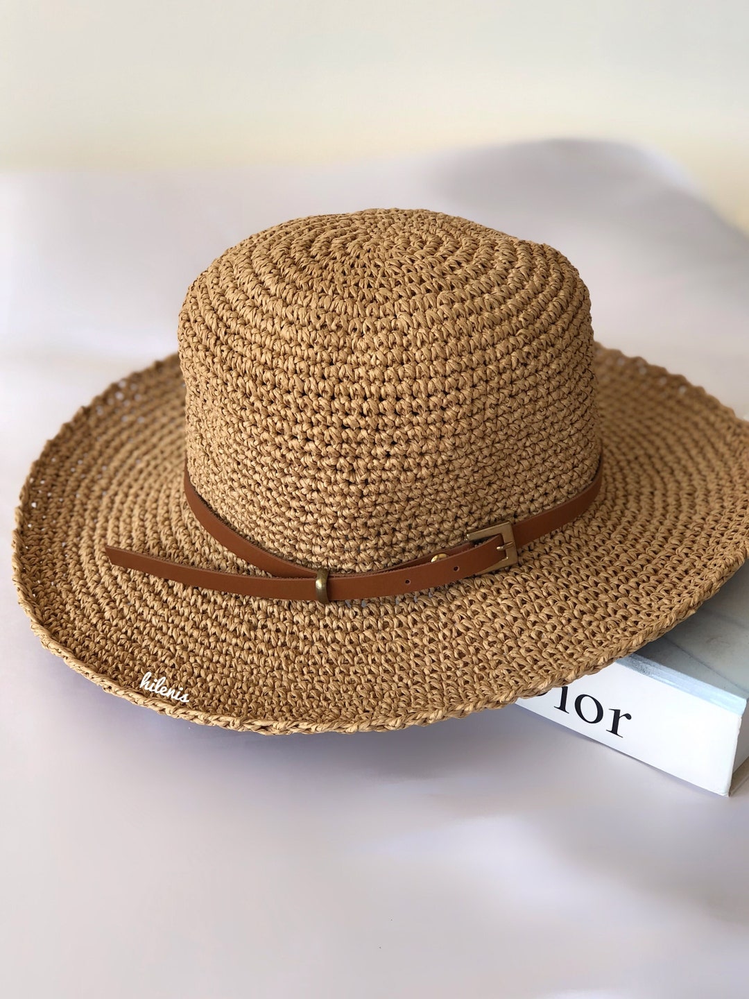 Handmade Crochet Raffia Hat in Leather Accessories, Straw Fedora Hat ...