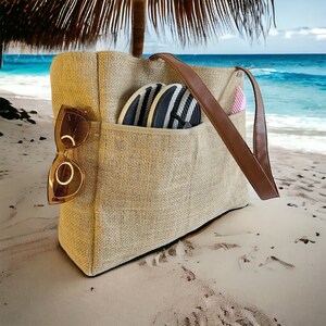 Jute Tote Bag for Women, Natural Summer Shoulder Bag, Handmade Beach ...