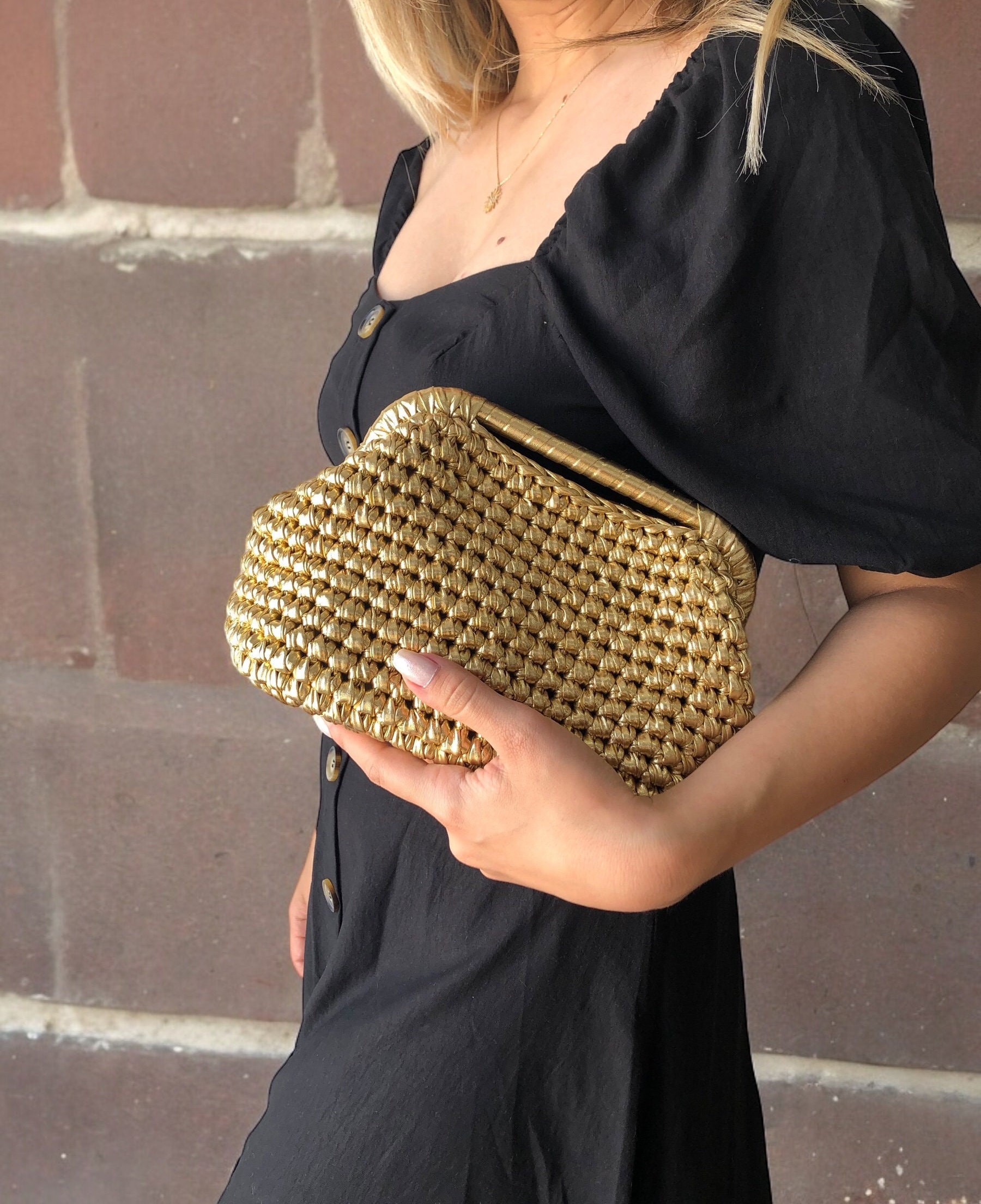 Mini Gold Wedding Bag for Women, Luxury Gold Woven Clutch Bag, Evening ...