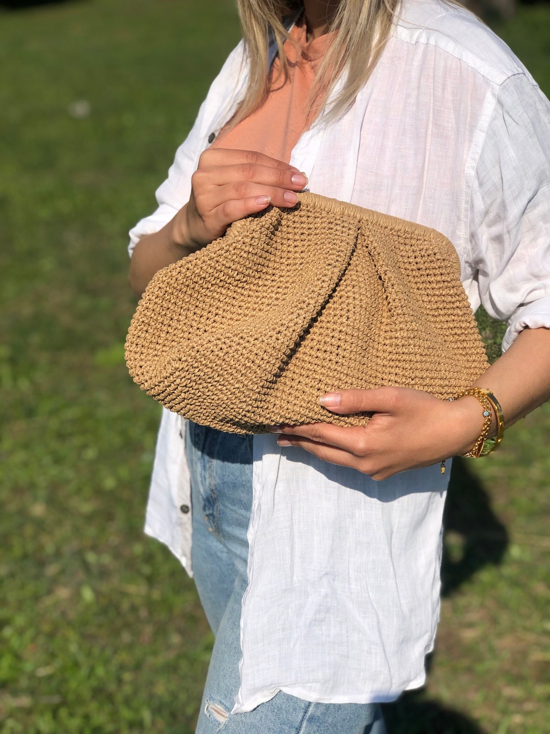 Knitted Raffia Pouch Clutch Bag for Women, Woven Straw Summer Handbag ...