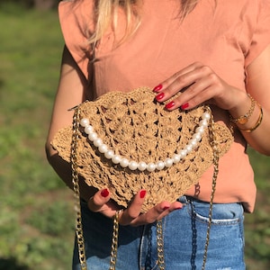 Crochet Raffia Oyster Shell Bag, Pearly Mussel Crossbody Bag, Knitted ...