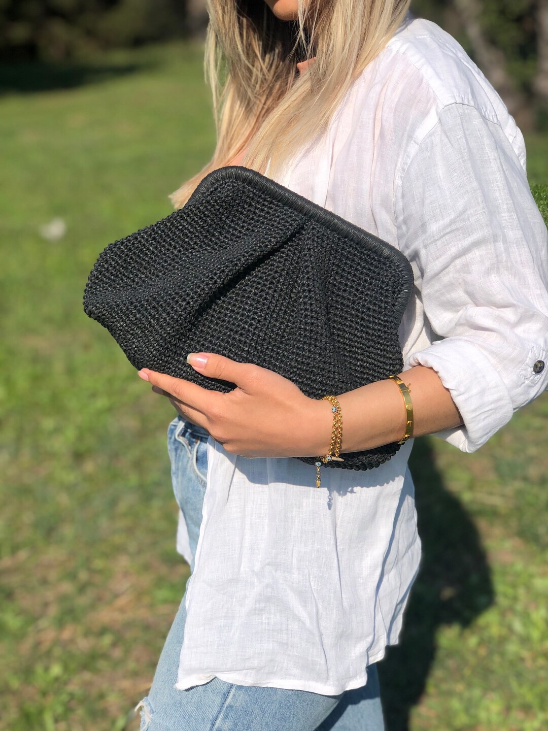 Black Raffia Clutch Bag for Women, Handmade Straw Raffia Clutch Bag ...