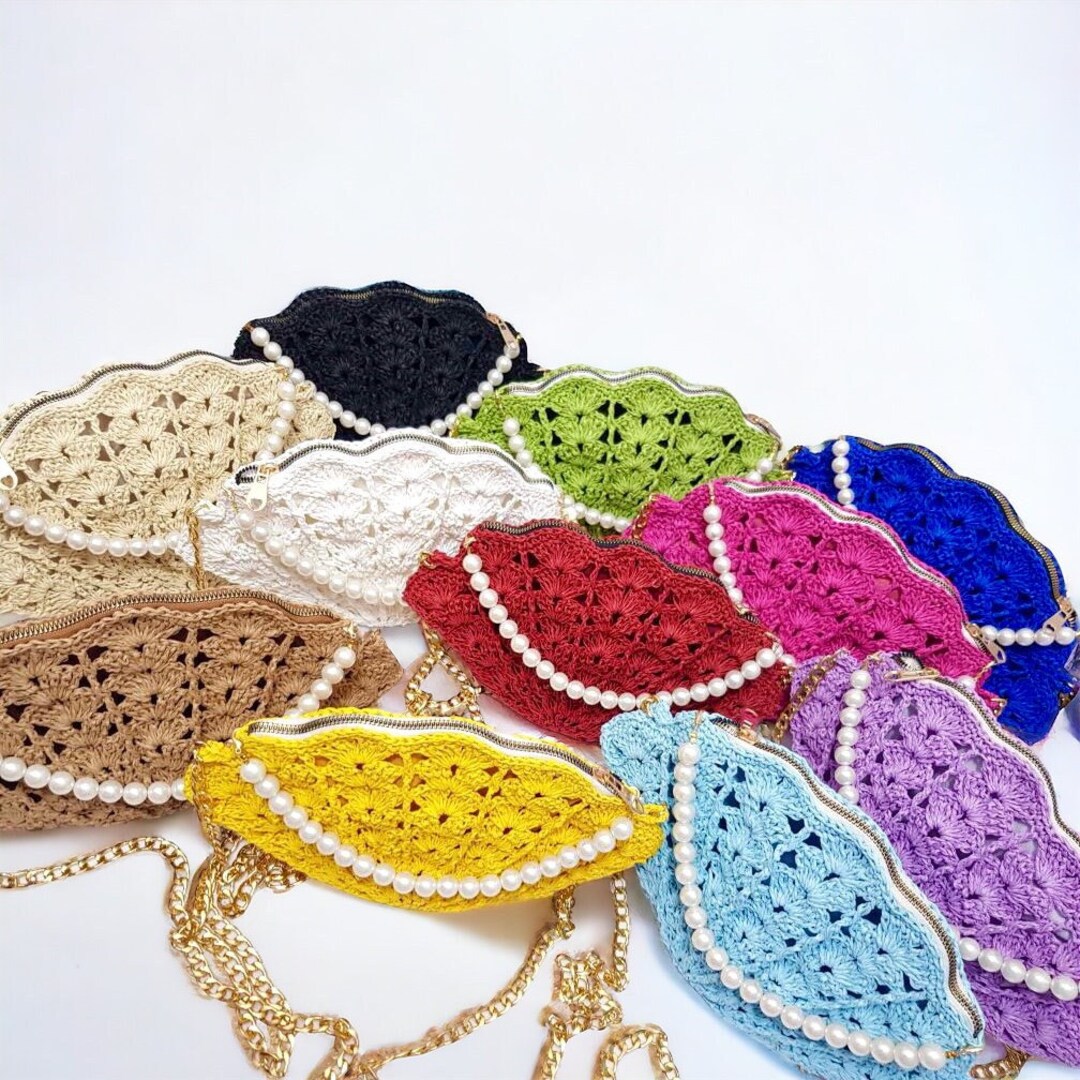 Crochet Raffia Oyster Shell Bag, Pearly Mussel Crossbody Bag, Wedding ...